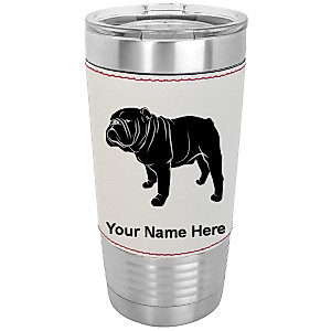 LaserGram 20oz Vacuum Insulated Tumbler Mug, Bulldog Dog, Personalized Engraving Included (Faux Leather, Baseball Style)