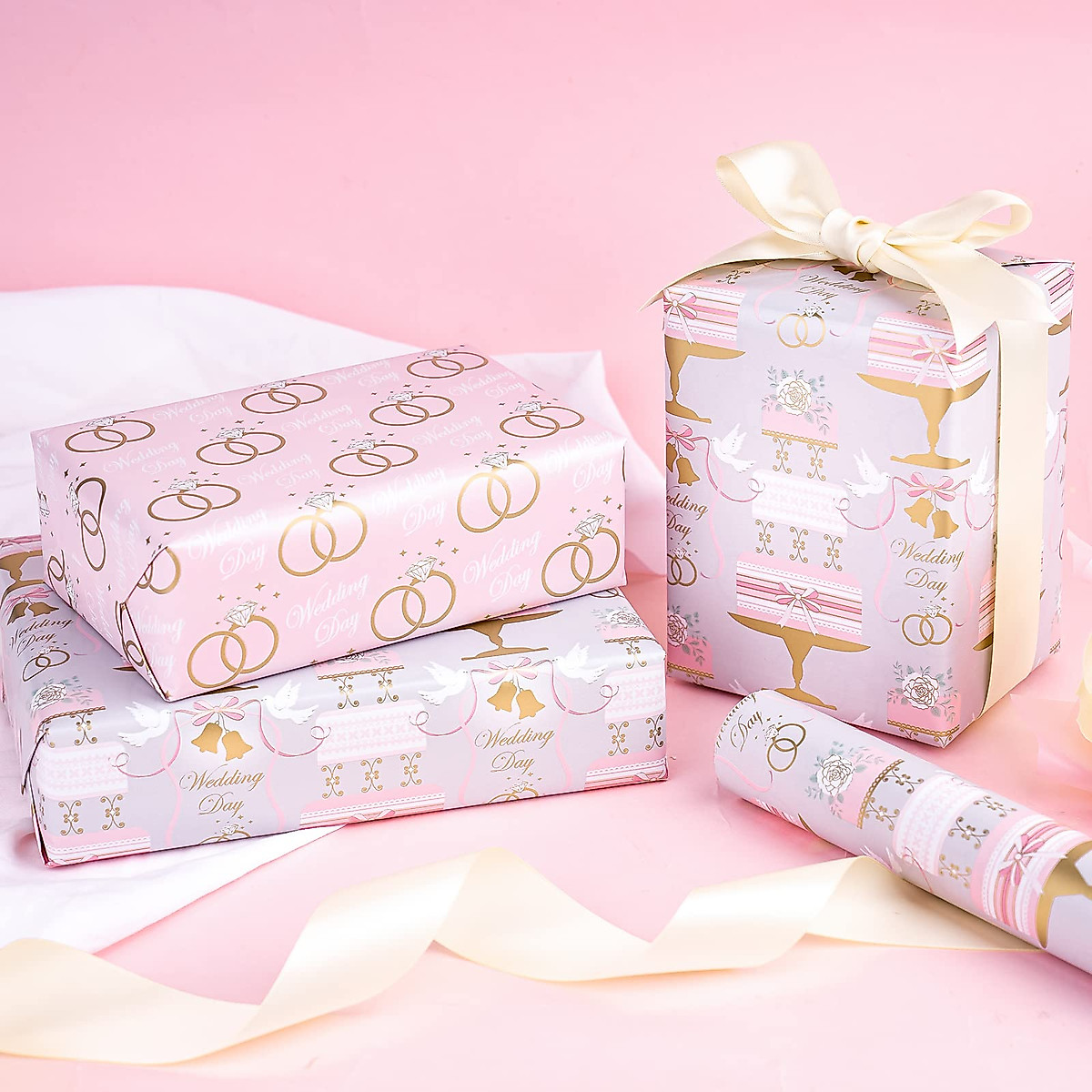 WRAPAHOLIC Reversible Wedding Wrapping Paper Roll - Mini Roll - 17 Inch X 33 Feet - Wedding Day Cake Floral and Ring Design, Perfect for Wedding, Bridal Shower