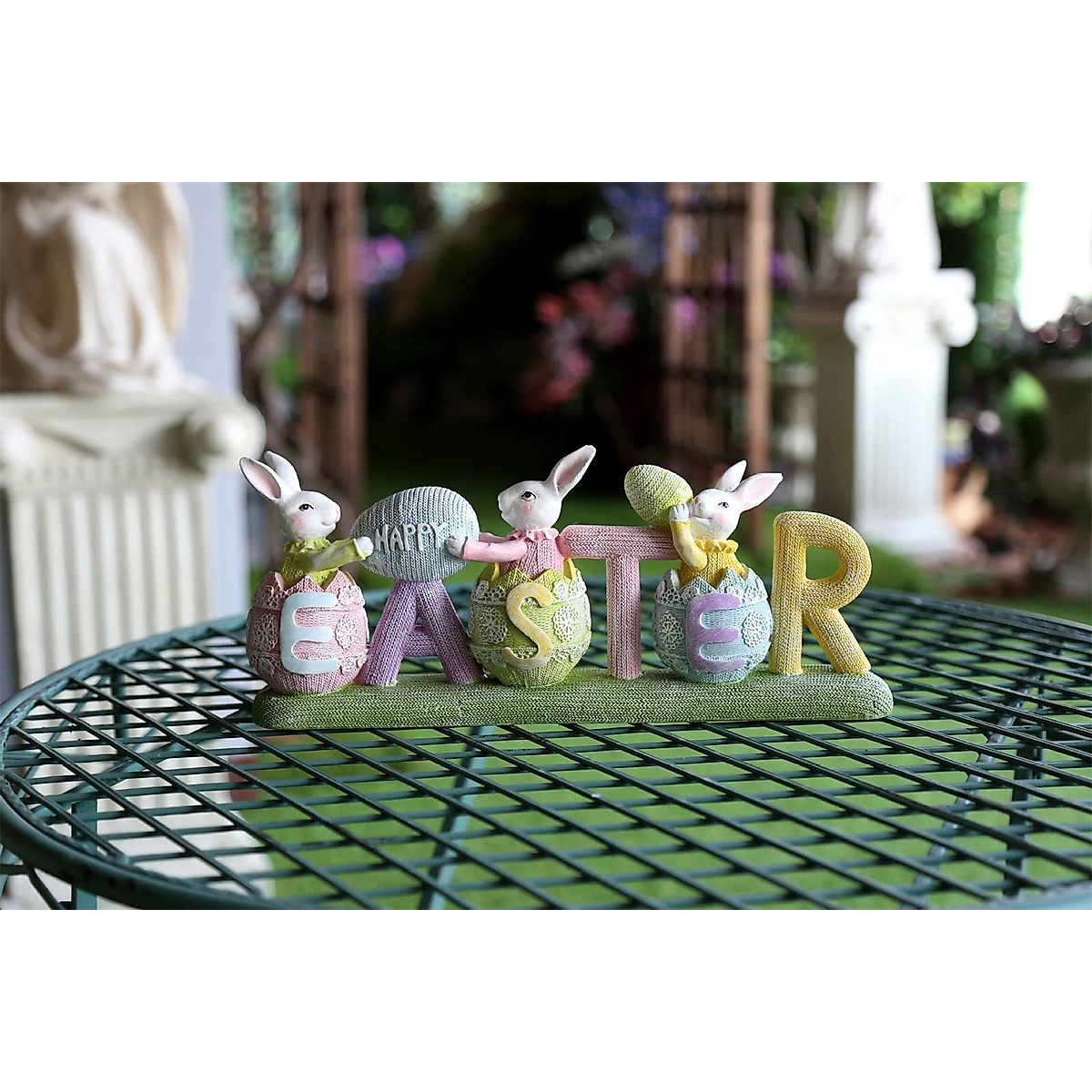 Abendedian Happy Easter Bunny Tabletop Decorations Resin Hand Painted Easter Eggs Bunny Figurines Ornament Garden Farmhouse Home Decor (13.4 * 2.4 * 5.5 inch, Style-B)