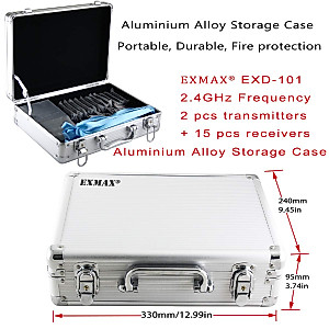 EXMAX EXD-101 2.4GHz Wireless Audio Tour Guide System for Industry Visit, Civic Meeting, Corporate/Government Visitant Reception, Student Training - 2 Transmitters 15 Receivers & Silver Storage Case