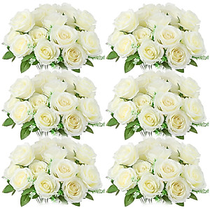 Hanaive 60 Heads Artificial White Rose Silk Roses with Stem Valentine's Day White Flowers Real Looking Faux Flowers for Girlfriend Wedding Bridal DIY Shower Party Home Centerpieces Decorations