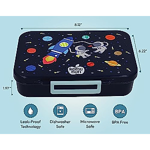 KOMUNURI LeakProof Bento Lunch Box for Kids, 4 or 5 Compartments, Microwave Safe, Dishwasher Safe, BPA Free, Lightweight, Kid Friendly Latch (Deep Blue - Space/Astronaut/Planets)