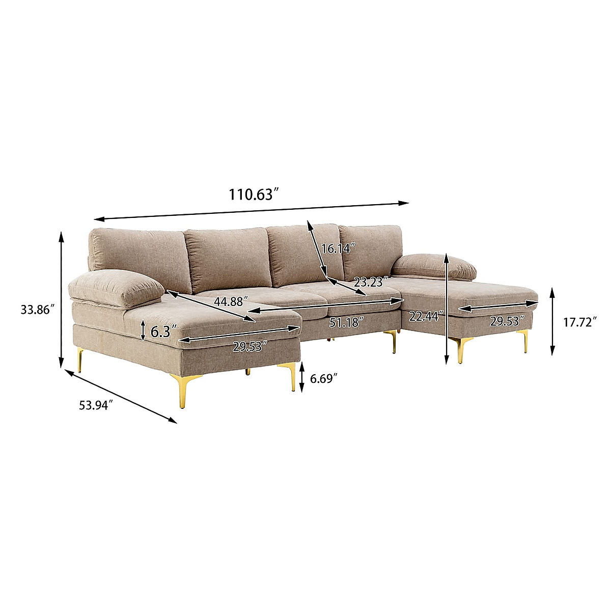 U Shaped Sectional Sofa with Double Extra Wide Chaise Lounge, 110.63" Soft Velvet Upholstery Couches with Solid Wood Frame, Detachable Cover & Armrest and Golden Color Metal Feet, Easy to Install
