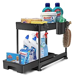 Under Sink Organizer and Storage, 2 Tier Under Cabinet Storage Pull Out Under Sink Shelf, Sliding Under Counter Organizer for Kitchen Bathroom Organization with Storage Basket and Hooks