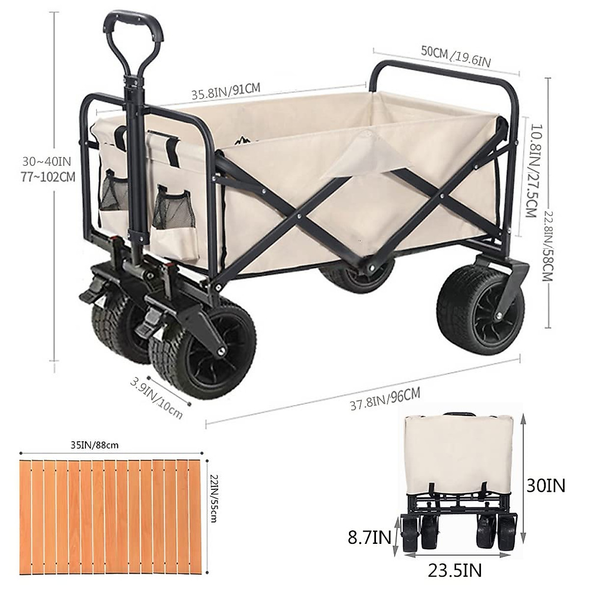 Collapsible Folding Wagon with 150L Capacity, Heavy Duty Foldable Utility Garden Cart with Big All-Terrain Beach Wheelsand Drink Holders.White