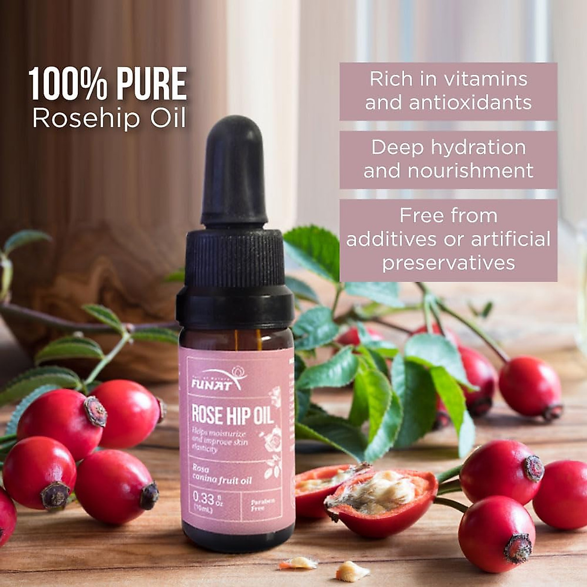 FULL OF NATURE FUNAT 100% Pure Rosehip Seed Oil for face and skin 0.3 fl oz - 100% Puro Aceite de Rosa Mosqueta para rostro y piel
