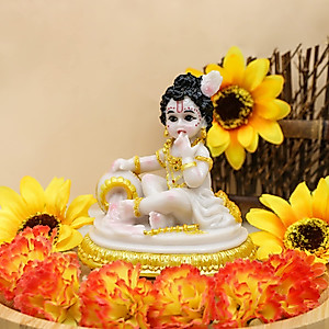 Indian God Baby Krishna Statue - 4.1" H Handmade Hindu Idol Krishna Figurine for Car Dashboard India Home Office Mandir Temple Pooja Item Murti Puja Product Diwali Gifts