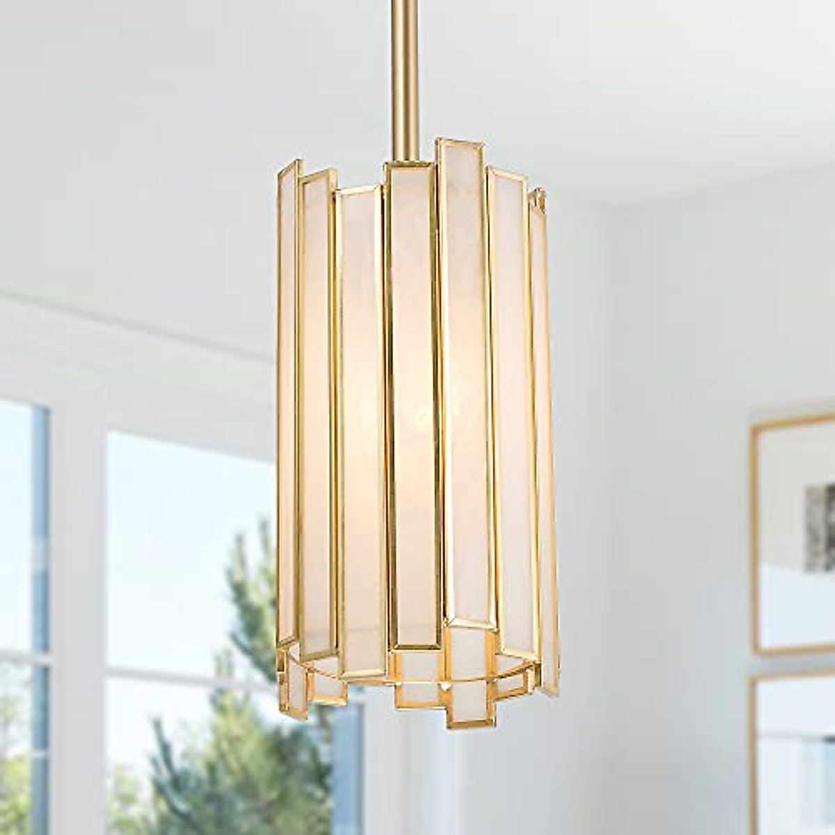 Optimant Lighting Gold Pendant Lighting, Modern Tiffany Glass Cylinder Hanging Light Fixture for Kitchen Island, Hallway, Foyer, Bedroom and Dining Room