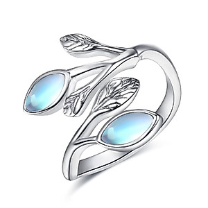 PRAYMOS 925 Sterling Silver Leaf Rings for Women Moonstone Ring Open Adjustable Wrap Rings Promise Engagement Wedding Rings