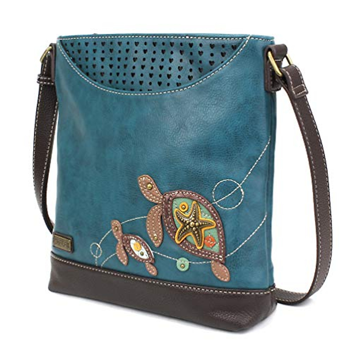 Chala Handbags Sweet Messenger Mid Size Tote Bag Two Turtles - Turquoise