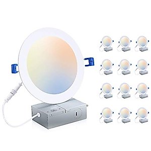 CLOUDY BAY 6 inch 3000K/ 4000K/ 5000K Three Color Temperature Selectable, Dimmable 15W CRI 90+, Ultra Thin LED Recessed Light with Junction Box, IC Rated, Air Tight, ETL/JA8, White, 12 Pack