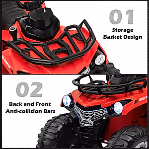 Costzon Kids ATV, 12V Battery Powered Electric Vehicle w/Music, Headlights, MP3, Spring Suspension, High & Low Speed, Treaded Tires, Storage Basket, Ride on 4 Wheeler Quad for 3-8 Years Old (Red)