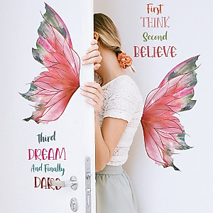 Pinenjoy Pink Butterfly Quotes Wall Decal Think Believe Dream Dare Inspirational Saying Wall Stickers Self-Adhesive Vinyl Wall Decor for Women Girls Bedroom Living Room Nursery