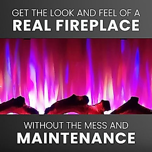 Cambridge 72 Inch Wall Mount Electric Fireplace Heater with Remote Control, Multicolor Flames, and Driftwood Log Display for Indoor Use in Living Room, Bedroom, Home Office, Black