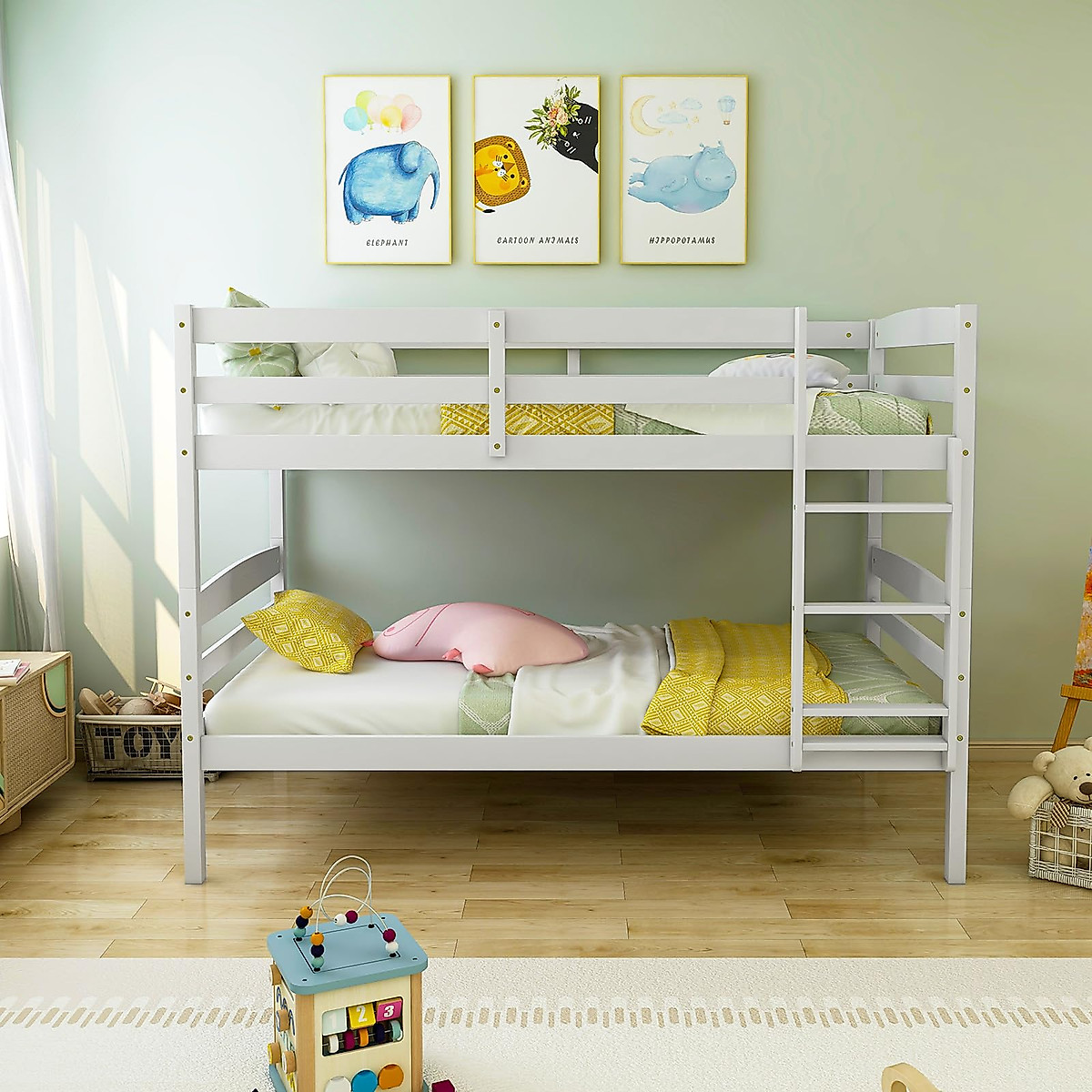 Giantex Bunk Bed Twin Over Twin, Solid Wood Detachable Bed Frame with High Guardrails & Integrated Ladder, Wooden Slatted Bunk Bed for Kids & Teens, No Box Spring Needed, White