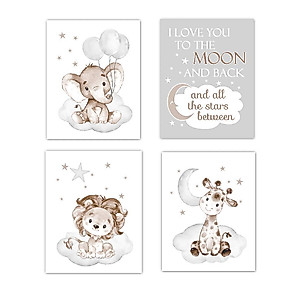 Baby Boy Nursery Wall Art Safari Animals Elephant Giraffe Lion I Love You To The Moon Room Decor 4 UNFRAMED PRINTS