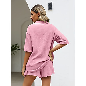 AUTOMET 2 Piece Sets For Women Lounge Wear Matching Two Piece Pajama Fashion Oversized Shirts And Shorts Spring Outfit 2025 Pink02 M