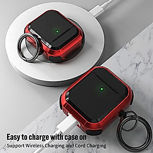 Jiunai for AirPods Case AirPods 2 Case with Keychain Protective Shockproof Full Body Armor Thick Wireless Charge Supported Cool Case with Carabiner for AirPods 1st & 2nd Gen LED Visible Black Red
