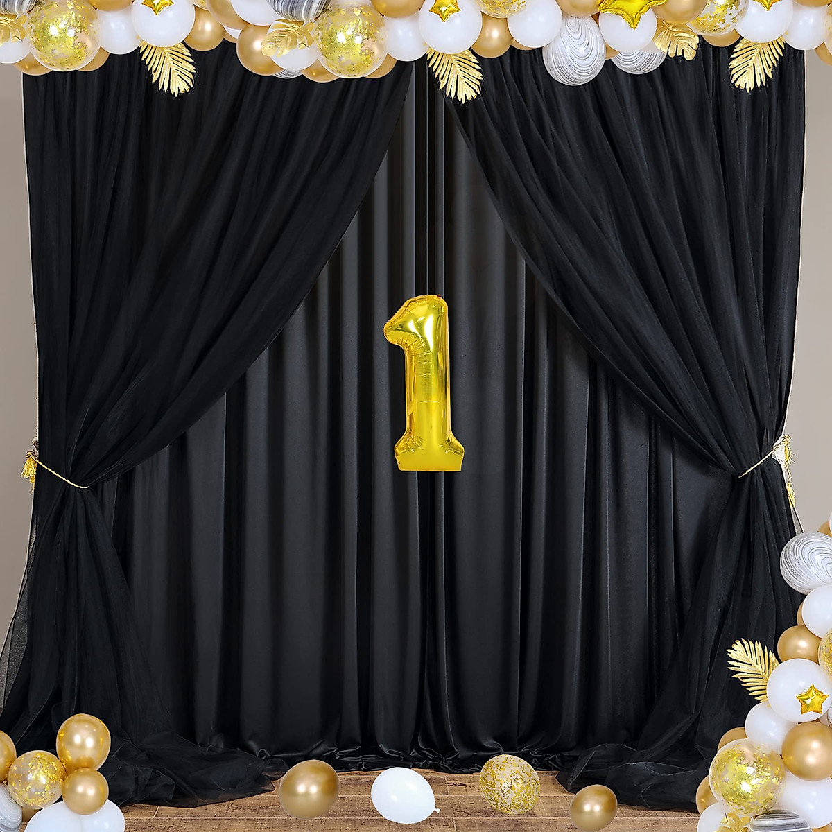 20ft×10ft Black Tulle Backdrop Curtains for Parties 4 Panels 5ft×10ft Dual Layer Black Tulle Drapes for Backdrop Curtains for Baby Party Birthday Wedding Home Decor