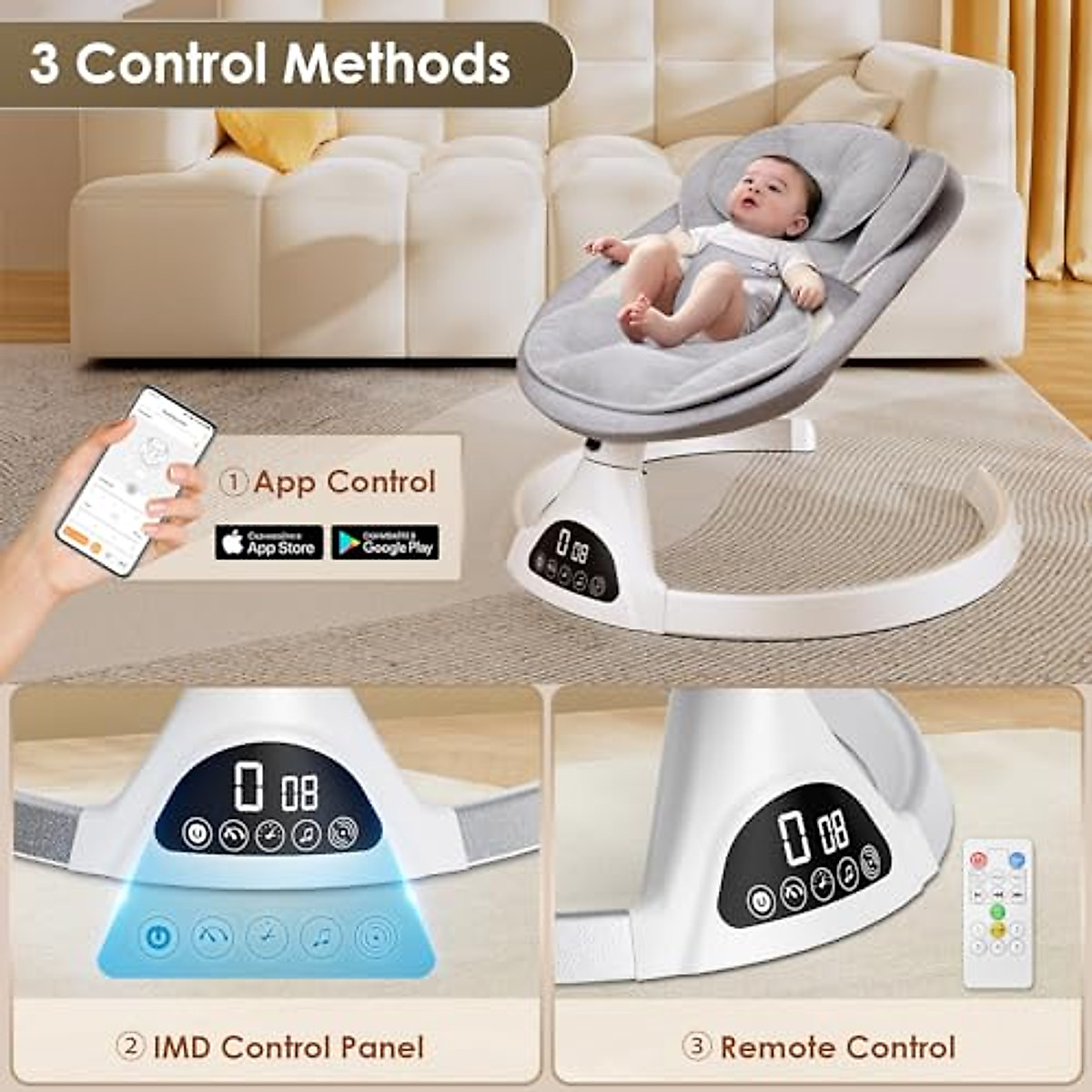Ixdregan Baby Swings for Infants - Exclusive App & Bluetooth Electric Baby Swing, Smart Sensor&Timing, 5 Speeds, 12 Preset Lullabies and Back-Up Pillow, Portable Baby Swing for Indoor/Outdoor(Grey)