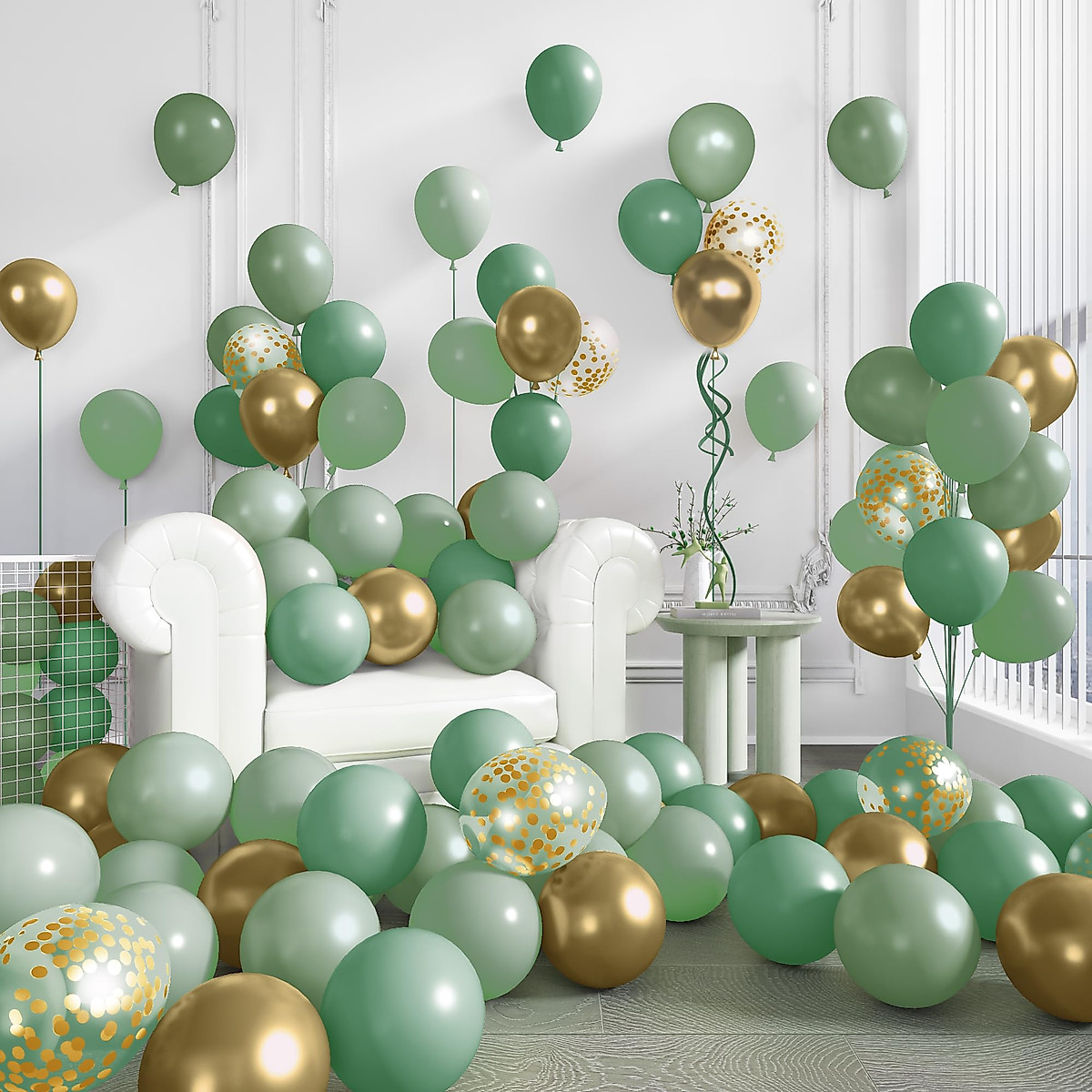 72Pcs Sage Green Balloons Set, Green Latex Balloon with 12inch 5inch Pearl Green Balloons Metallic Gold Balloons Light Olive Green Coffetti Balloons for Baby Shower Birthday Wedding Party Decorations