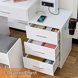 usikey Large Vanity Table Set with Lighted Mirror & Charging Station, Makeup Vanity Dressing Table with 4 Storage Shelves and 4 Drawers, Vanity Desk with 3-Drawer Chest and Cushioned Stool, White