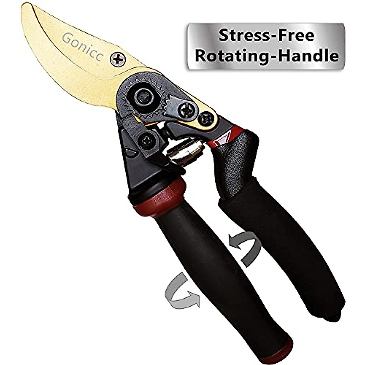 gonicc 8.5" Professional Rotating Bypass Titanium Coated Pruning Shears(GPPS-1014), Secateurs, Scissors, Pruners with Heavy Duty SK5 Blade. Soft Cushion Grip Handle for Everyone.