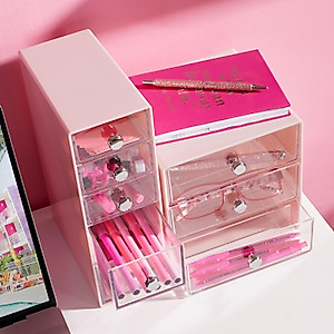 mDesign Plastic 5-Drawer Organizer for Makeup Storage - 5-Tier Storage Organizer - Stackable Organization with Pull-Out Drawers for Bathroom, Vanity, or Desk - Lumiere Collection, Light Pink/Clear