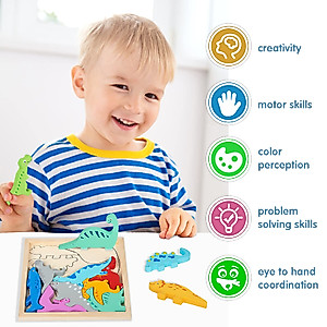 Wooden Dinosaur Puzzles for Toddlers 2-4, Stacking Dinosaur Blocks Toys for Kids 3-5, Toddler Montessori Toys for 2 3 4 Year Old Boy Girl Birthday Gifts