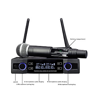 Wireless microphone, dual channel professional cordless dynamic wireless microphone, handheld wireless microphone system for home karaoke, conferences, parties, churches, weddings, parties, 160 ft