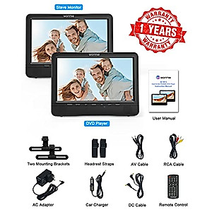 WONNIE 10" Car DVD Player with Dual Screen, Portable Headrest Video Player for Kids, 5 Hours Rechargeable Battery, Support Sync to TV, Last Memory,USB/SD, AV Out&in( 1 Player+1 Monitor)