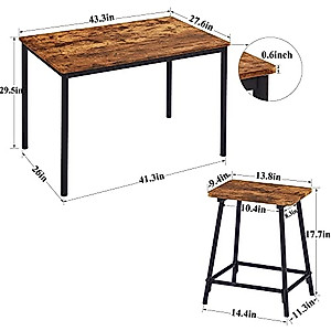 VECELO 5 Piece Dining Table Set for 4-6 Persons Rectangular Bar Dinette Metal and Wood Kitchen Furniture with 4 Stools for Breakfast Nook, Restaurant, Living Room, Space Saving, Industrial Brown