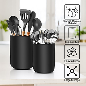 YKDGBRE Ceramic Utensil Holder for Kitchen Counter, Black Kitchen Utensil Holder for Countertop, 2 Pcs Cooking Utensil Crocks for Spatula, Spoon, Forks, Plant