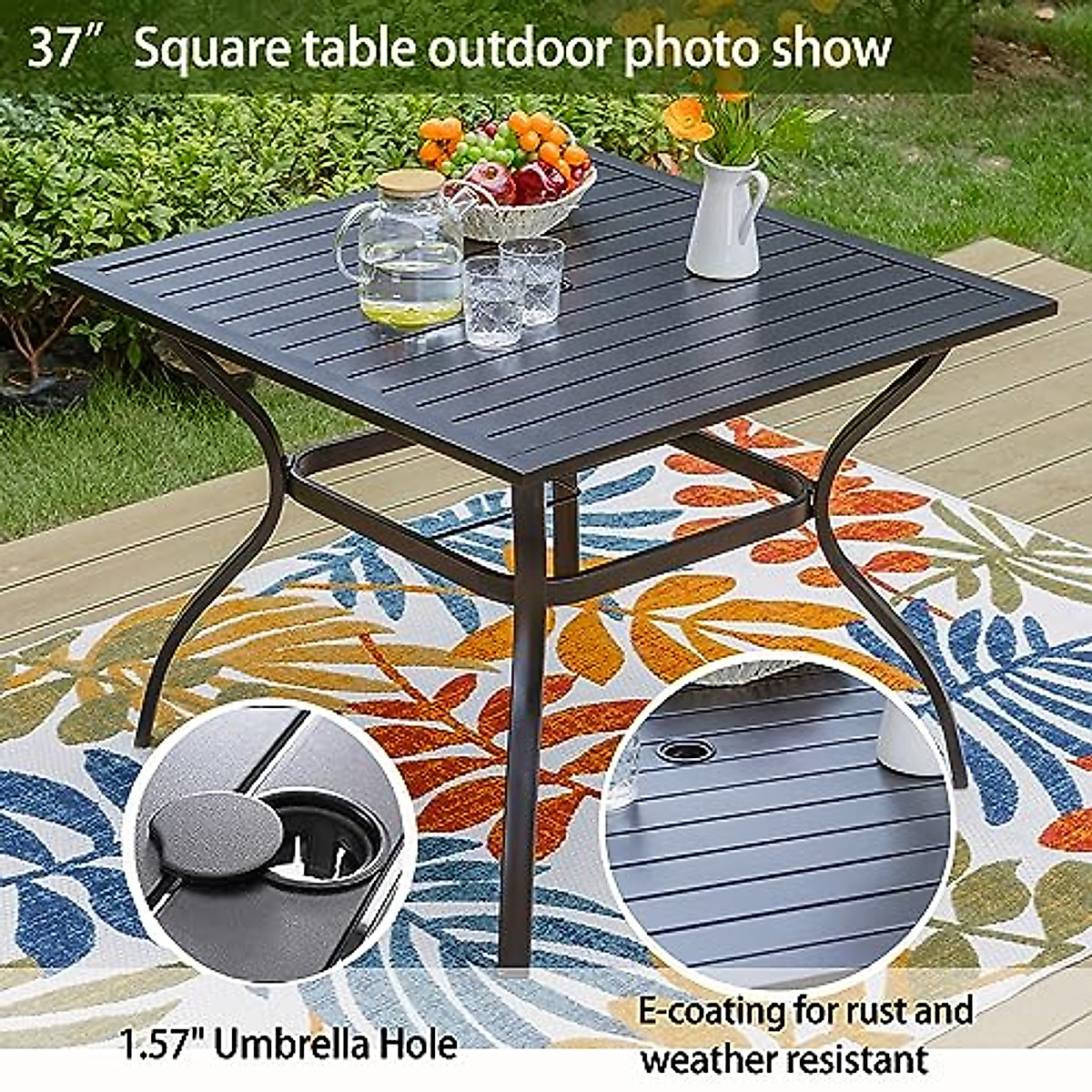 MFSTUDIO 5 Piece Metal Patio Dining Sets Outdoor Club Bistro Bar Sets with 1.57” Umbrella Hole, 4 Garden Backyard Metal Chairs and Larger Square Patio Table, Steel Slat Frame, Black …
