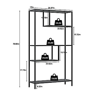 HOME BI Bookshelf,4 Tier Metal Frame Bookcase, Tall Book Shelf,Open Display Shelves for Office, Study Room, Living Room,Black 13" D x 39.37" W x 70.08" H
