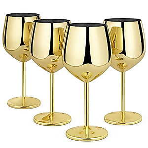 Lifecapido Stainless Steel Wine Glasses Set of 4, 18oz Stainless Steel Wine Goblets, Stemmed Metal Wine Glasses with Cup Brush for Party Office Wedding Anniversary, Great for Red White Wine (Gold)