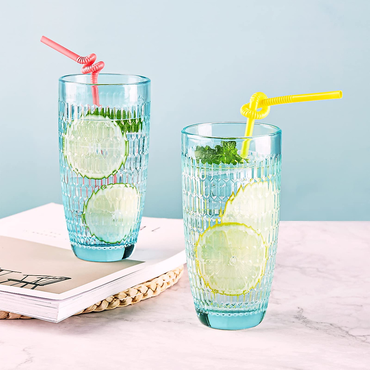 GRANDARTIC Highball Glasses,Clear Drinking Glass Tumbler Set of 6, Vintage Tall Beverage Water Tumblers for Soda, Juice, Iced Tea, Cocktails on Kitchen 14.8oz, Light Green