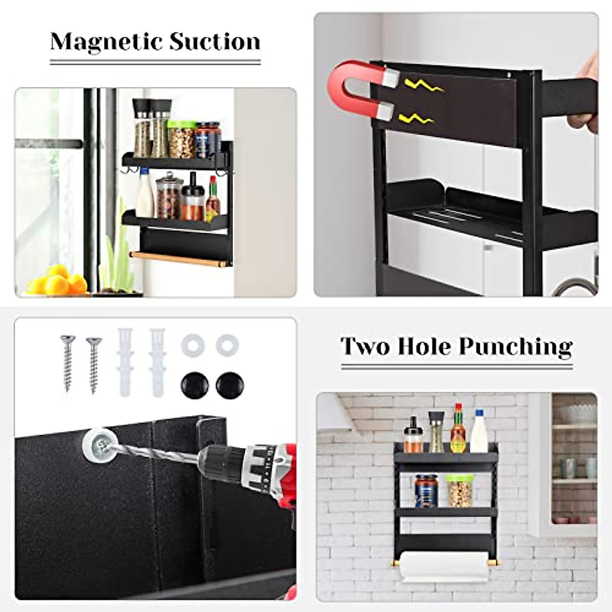 Fashionwu Magnetic Spice Rack, 2 Tier Magnetic Spice Organizer for Refrigerator, Magnetic Shelf with Paper Towel Holder for Kitchen Storage