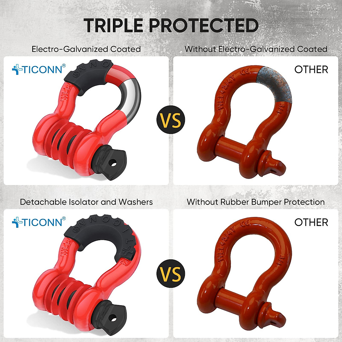 TICONN 2 Pack D Ring Shackle with 7/8" Screw Pin 57,000Ibs Break Strength, 3/4" Heavy Duty Shackles with Isolator & Washers for Tow Strap Winch Off Road Vehicle Recovery (Red/Black2)