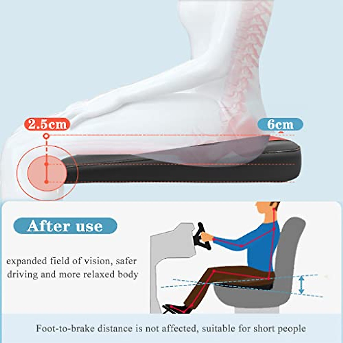 WAASHOP Comfortable Coccyx Cushion for Driving, Memory Foam Car Seat Cushion for Short People Heightening Seat Pad for Cars Front Seats Office Chair/Wheelchair/Truck Ergonomic Cushions