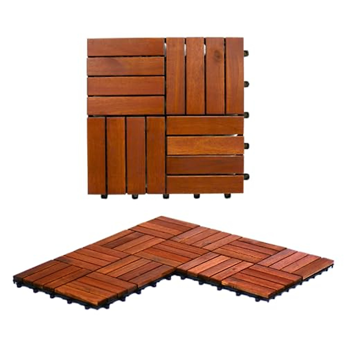 10 PCs Acacia Wood 12x12 inches, Interlocking Deck Tiles Outdoor All Weather, 12 Slats (Teak-9pcs)