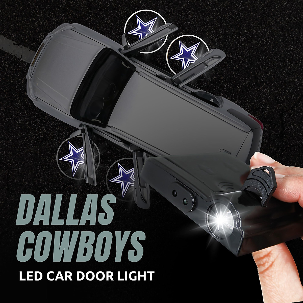Sporticulture NFL American Football Dallas Cowboys - Led Car Door Light - Wireless Led Projector with One Team Logo Slide - Compatible for Most Car Models - Battery-Operated, 2.5” x 2.5”