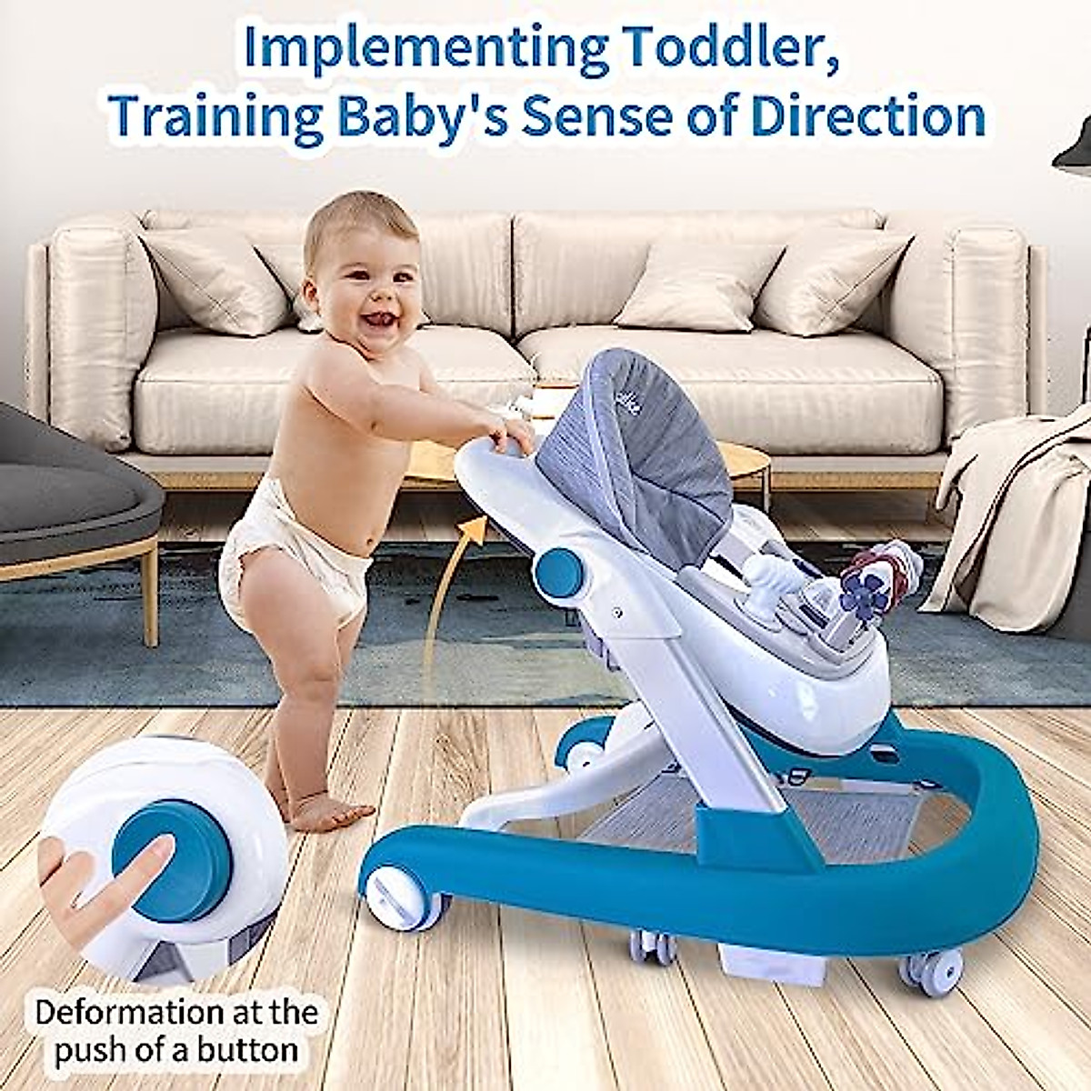 Foldable Baby Walker, 3 in 1 Toddler Walker Bouncer, Learning-Seated, Walk-Behind, Music, Adjustable Height, High Back Padded Seat, Detachable Trampoline Mat, Activity Walker with Toys (Blue)