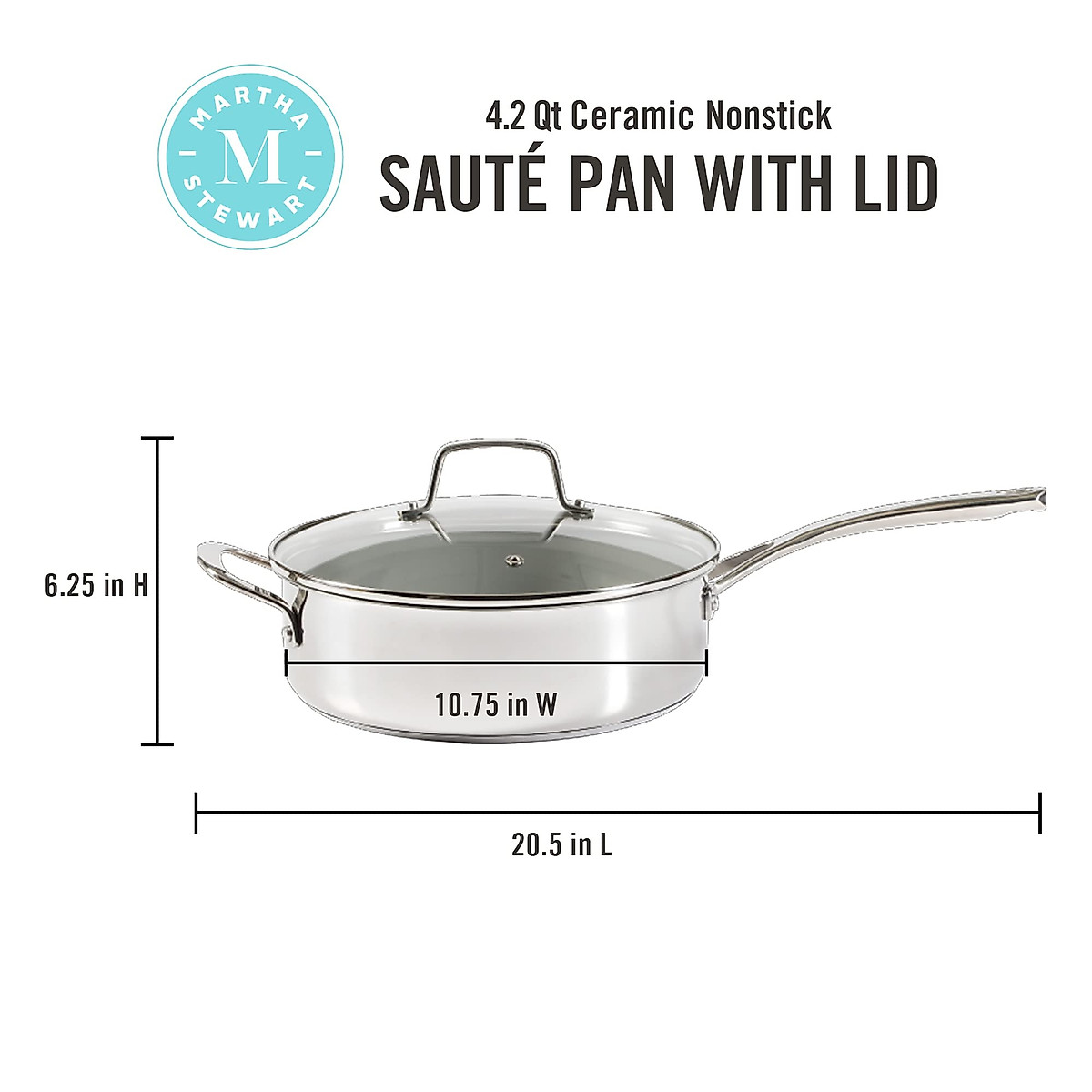 Martha Stewart Delaroux Stainless Steel 4-Quart PFAs Free Premium Ceramic Nonstick Saute Pan w/Tempered Glass Lid