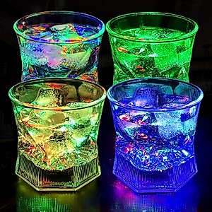 UPZAI LED Old Fashioned Glasses: 10oz Liquid Activated Multicolor Light Up Drinking Tumblers Set of 4 - Plastic Fun Cups for Water Beer Cocktail Whiskey Bar Party
