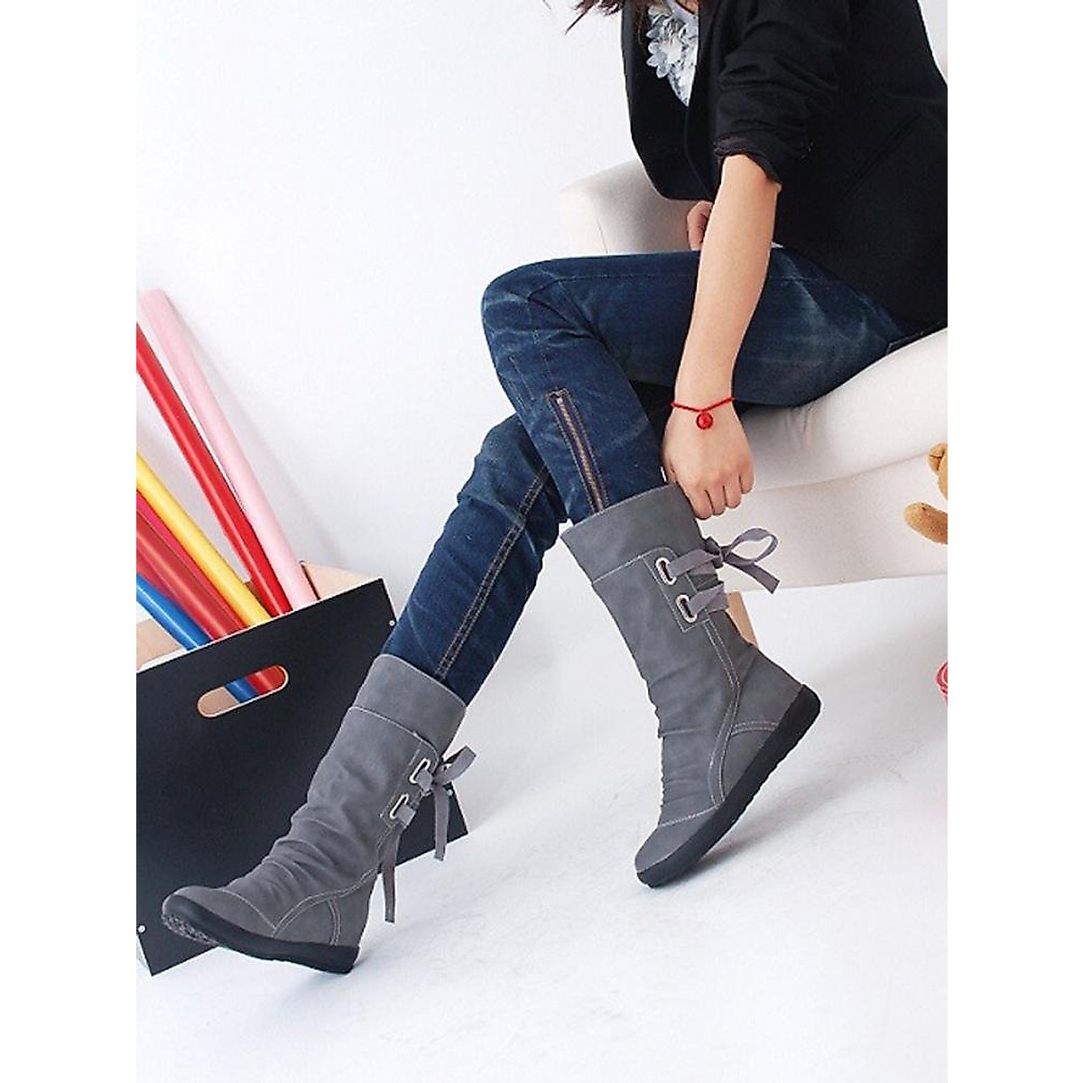 Sopety Ladies Womens Low Wedge Buckle Biker Ankle Trim Flat Ankle Boots Shoes (39, Gray)