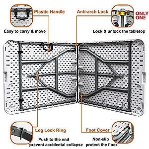 BOSOVEL 6ft Folding Table Fold in Half w/Handle White Plastic Heavy Duty for Outdoor & Indoor Party Dining Picnic Camping Wedding BBQ Catering Garden Kitchen Market Events