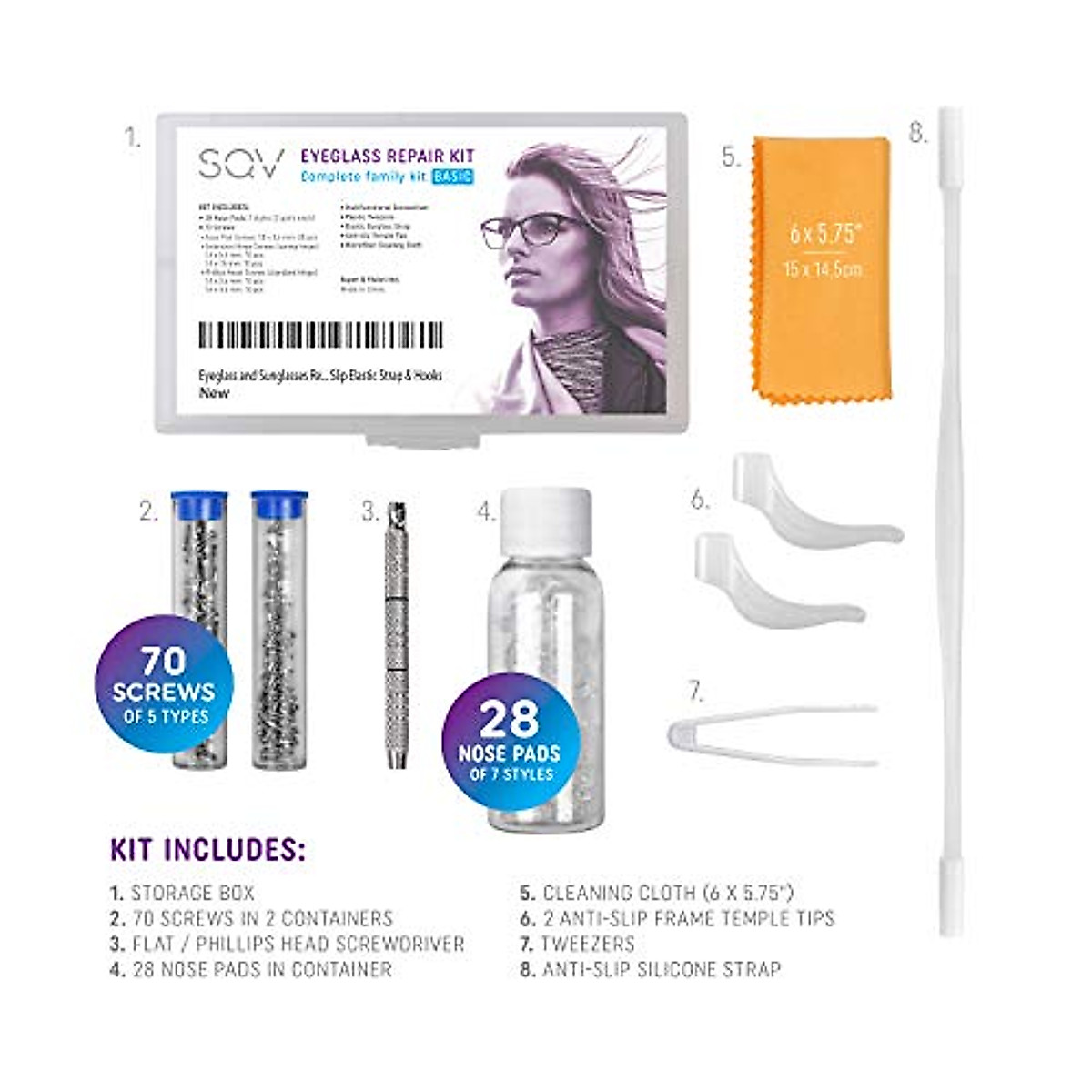 Eyeglass and Sunglass Repair Kit by SQV - Most Complete Glasses Family Kit - 5 Types of Mini Screws, Tweezers, Screwdriver, 7 Styles of Nose Pads, Lens Cleaner, Anti-Slip Strap & Temple Tips (Basic)