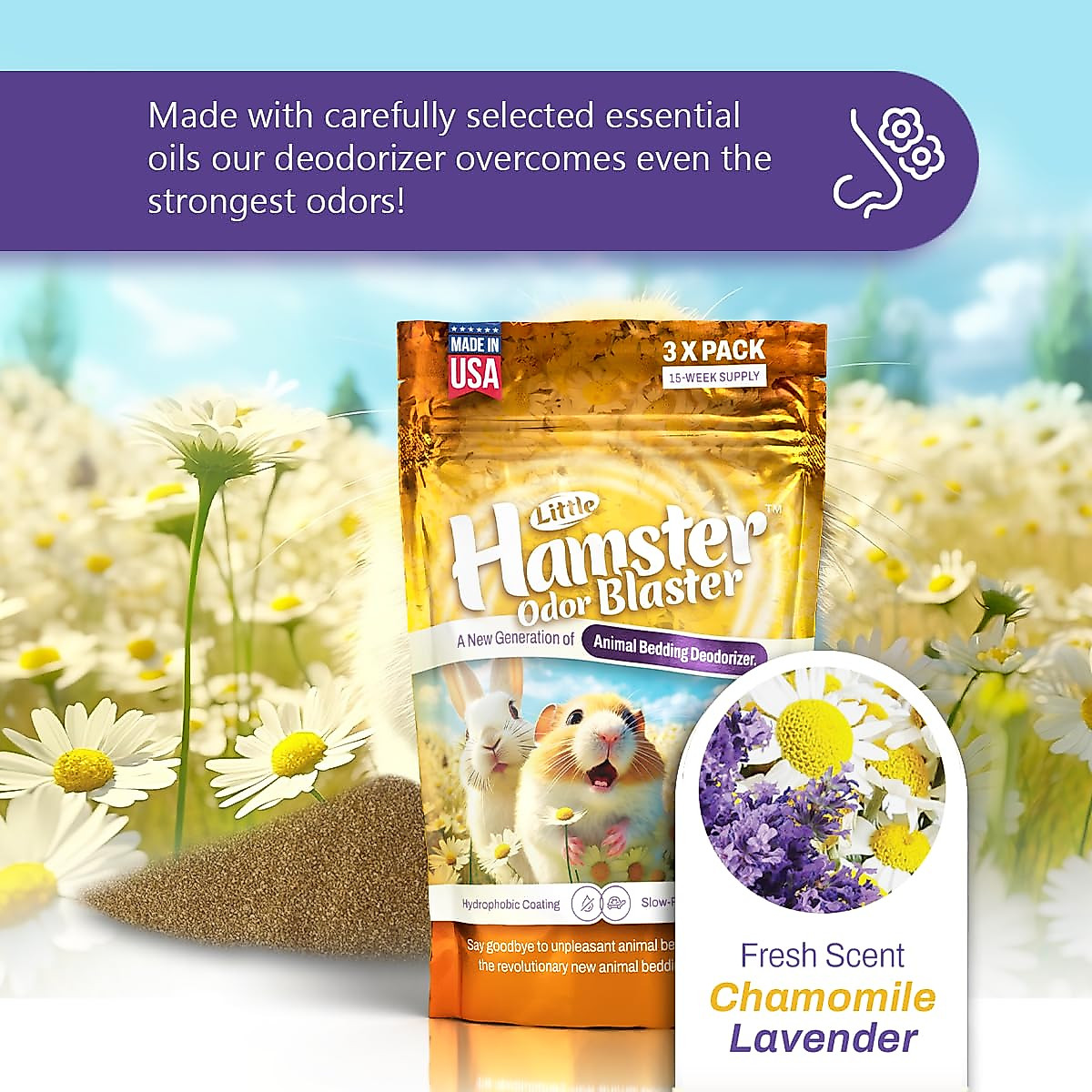 Little Hamster Odor Blaster | a New Generation Of Animal Bedding Deodorizer | Unique Formula for Slow Release | Natural Fresh Scent - Lavender & Chamomile | Up to 15 Weeks Supply | 3 x 0.5oz bags