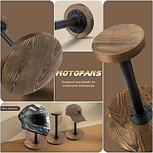 motofans® Industrial Style Helmet Stand, Rustic Burnt Solid Wood and Black Metal Pipe Cap and Wig Display Stand(1pcs)